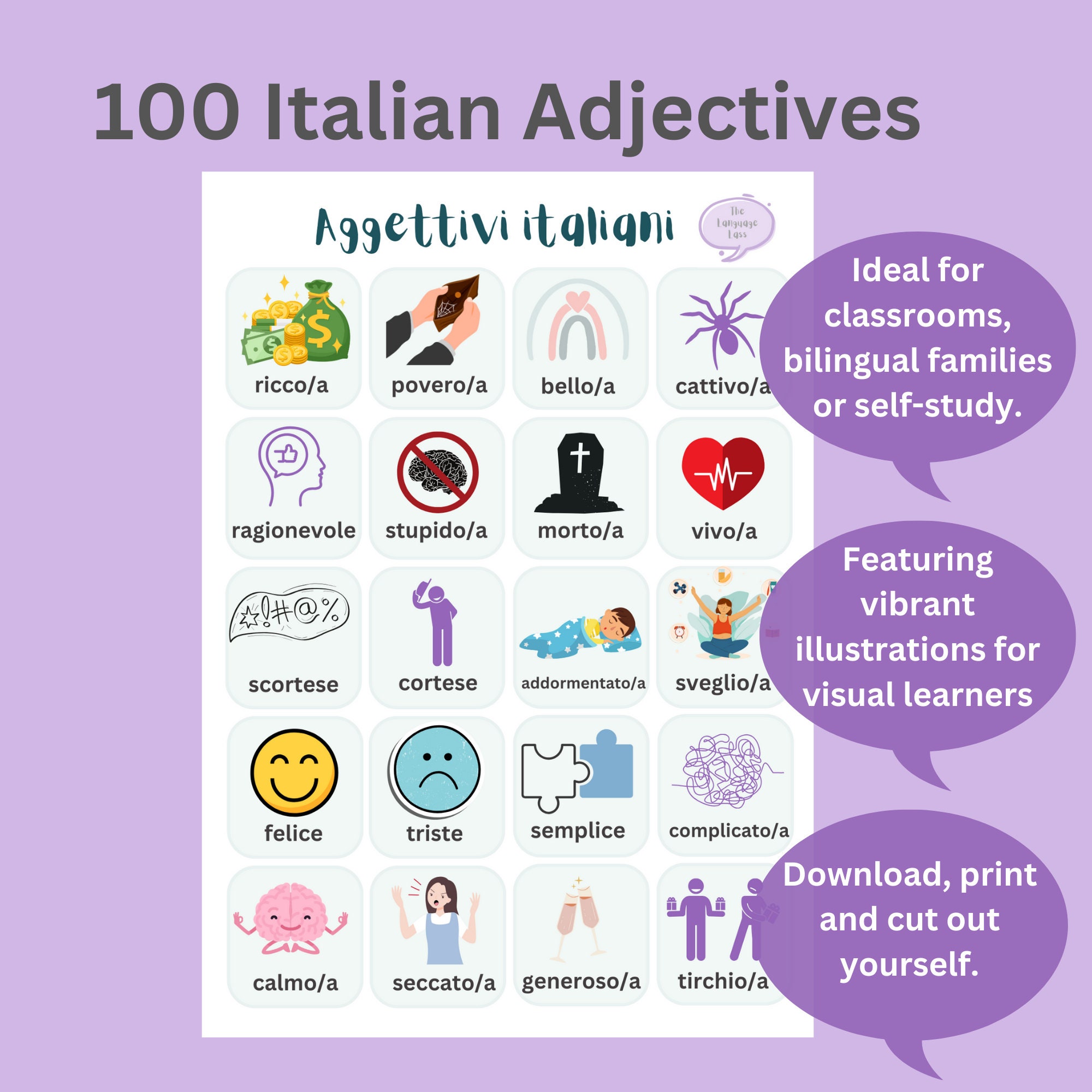 100 Italian Adjectives Flashcards | Italian Vocabulary Builder ...