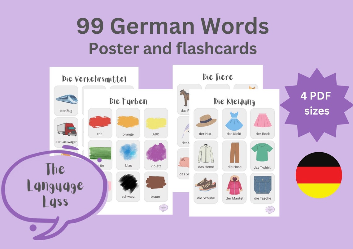 German Vocabulary Flashcards: 99 Starter Words (PDF) - Etsy
