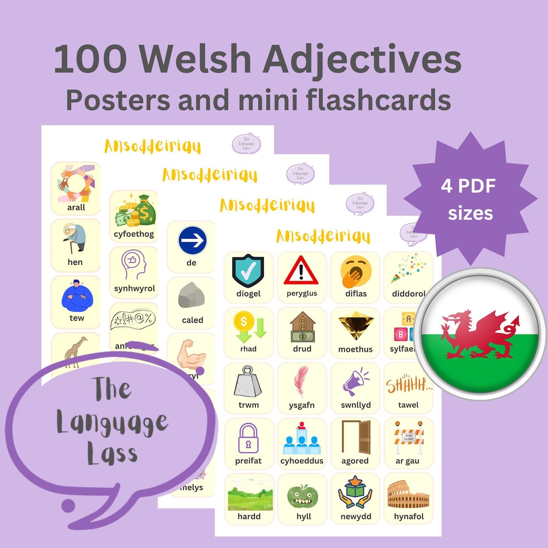 100 Welsh Adjectives | Welsh | Geirfa Cymraeg | Welsh Flashcards - Etsy