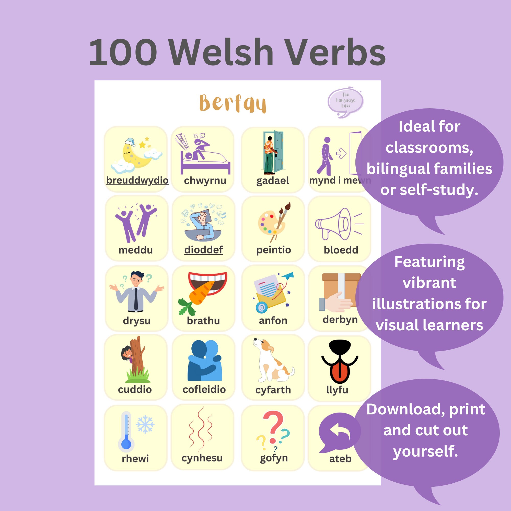 100 Welsh Verbs Flashcards | Learn Welsh Vocabulary | Printable Welsh ...