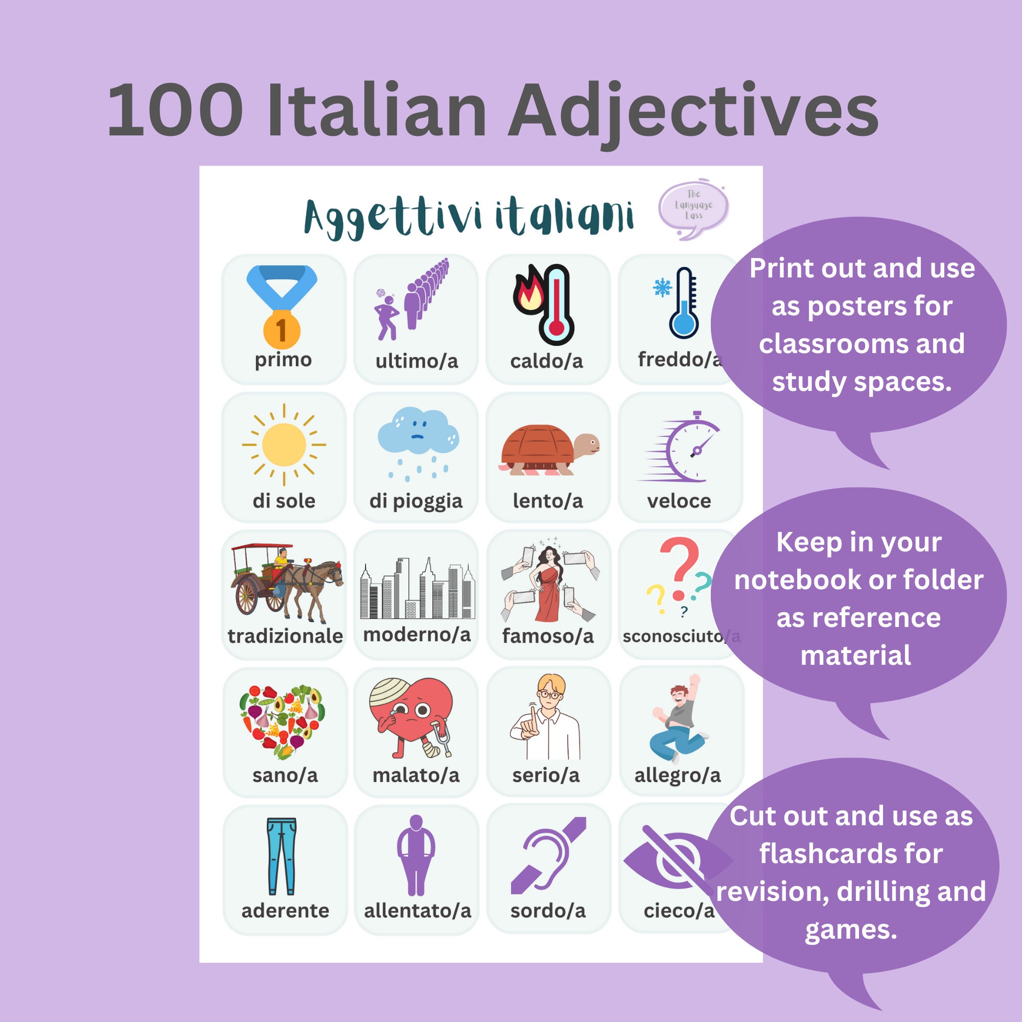 100 Italian Adjectives Italian Vocabulary Italian Flashcards - Etsy