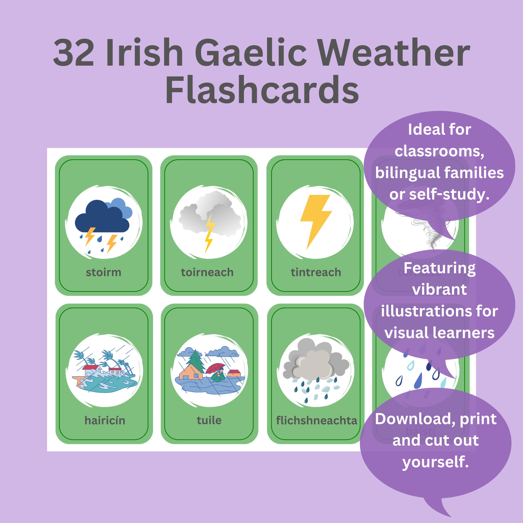 32 Irish Gaelic Weather Flashcards | Irish Flashcards | Irish Gaelic ...