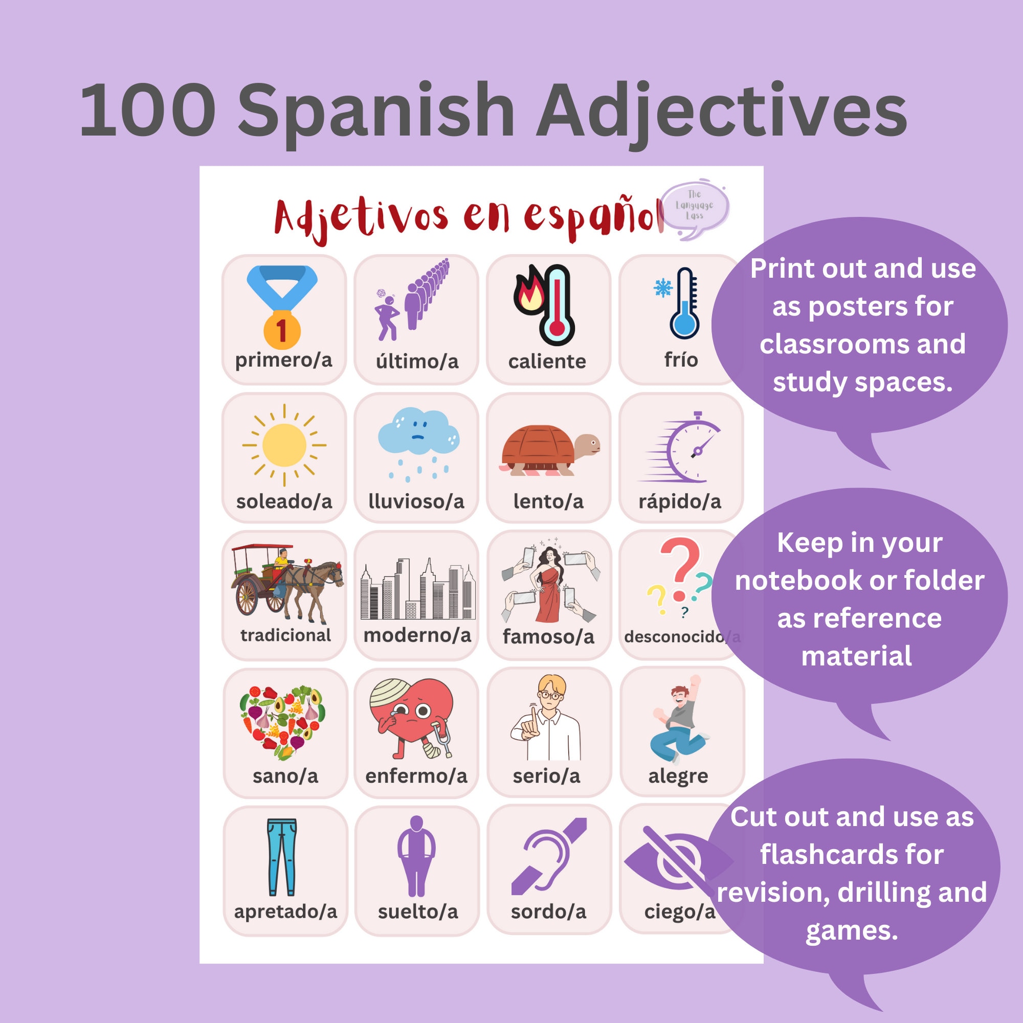 100 Spanish Adjectives Flashcards: Vocabulary Learning (PDF Download ...
