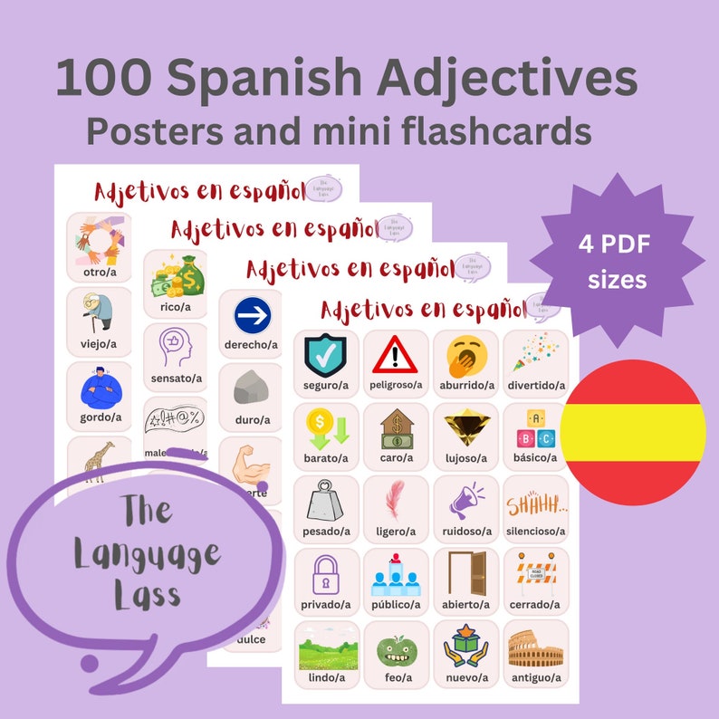 100 Spanish Adjectives Flashcards: Vocabulary Learning (PDF Download ...