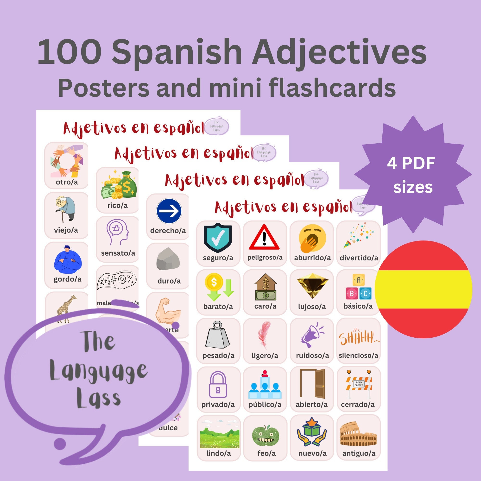 Tarjetas didácticas de 100 adjetivos en español: vocabulario (descargar ...