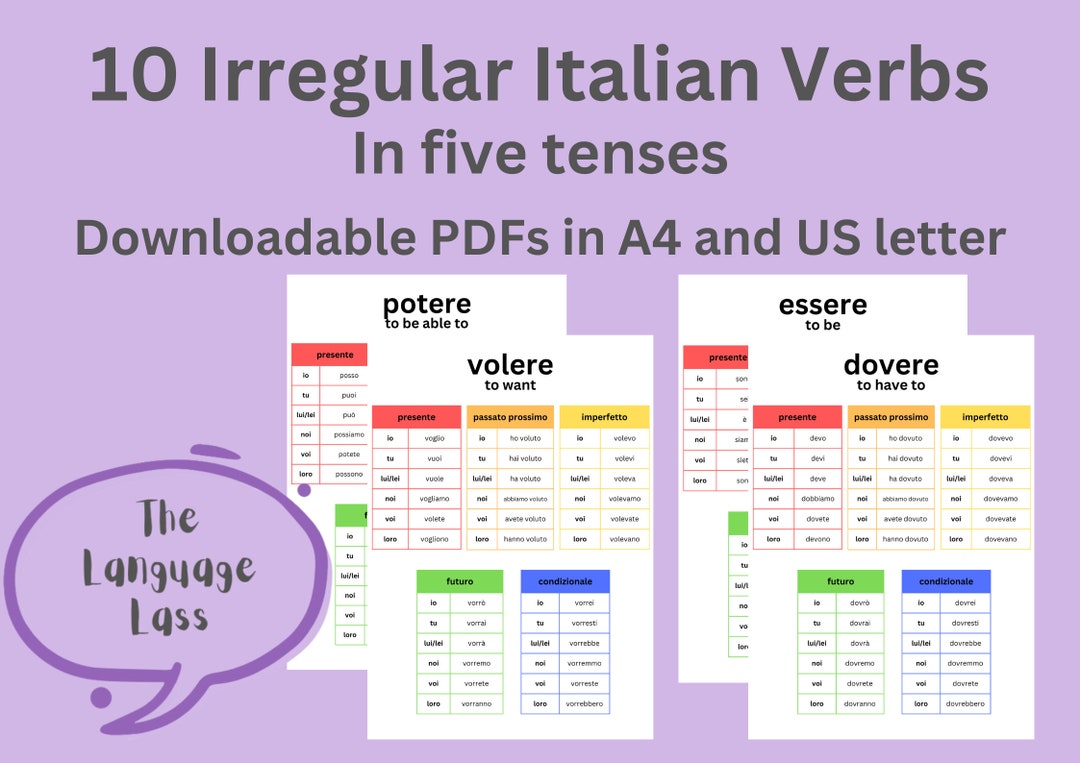 Tabla de conjugación de los 10 verbos irregulares principales en italiano / Verbos irregulares ...