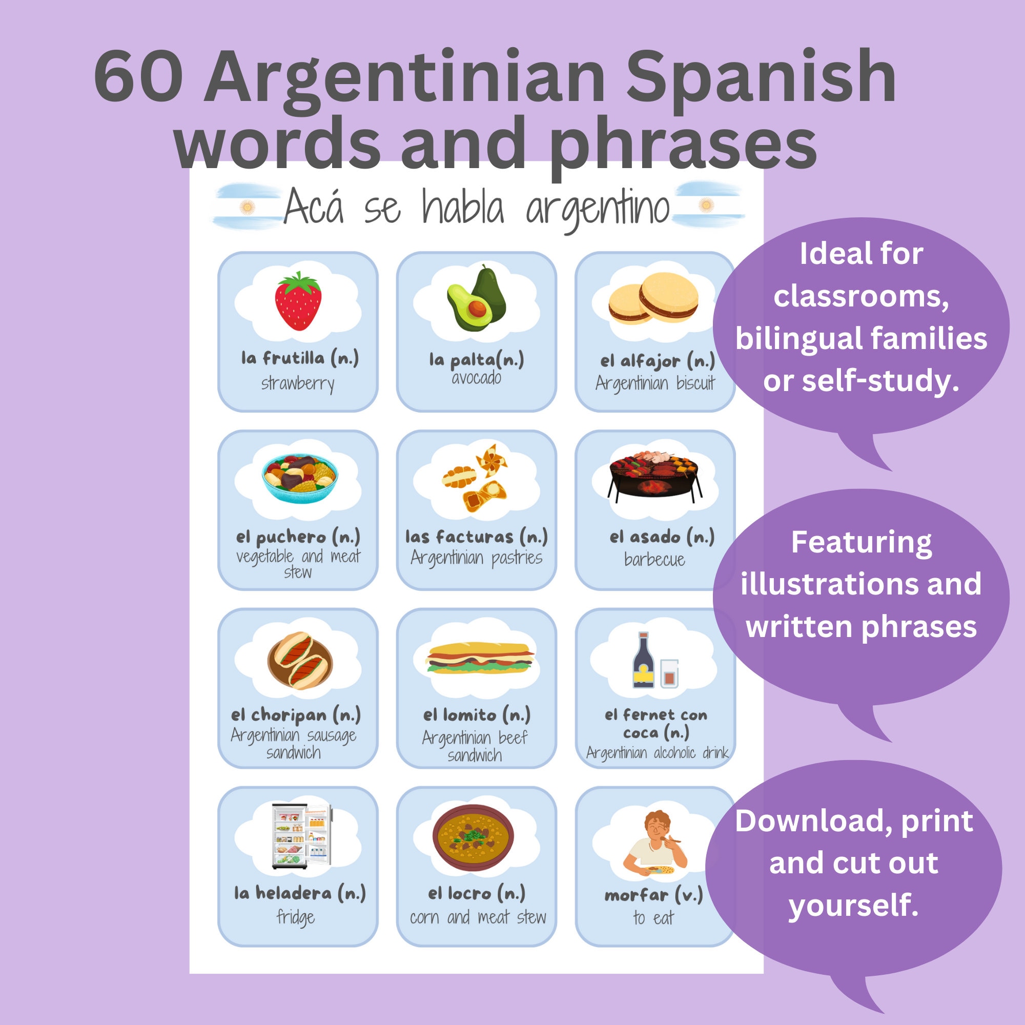 Argentinian Spanish Flashcards: 60 Words & Phrases (PDF) - Etsy