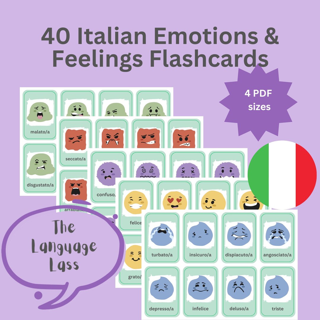 40 Italian Emotions Flashcards | Italian Flashcards | Learn Italian - Etsy