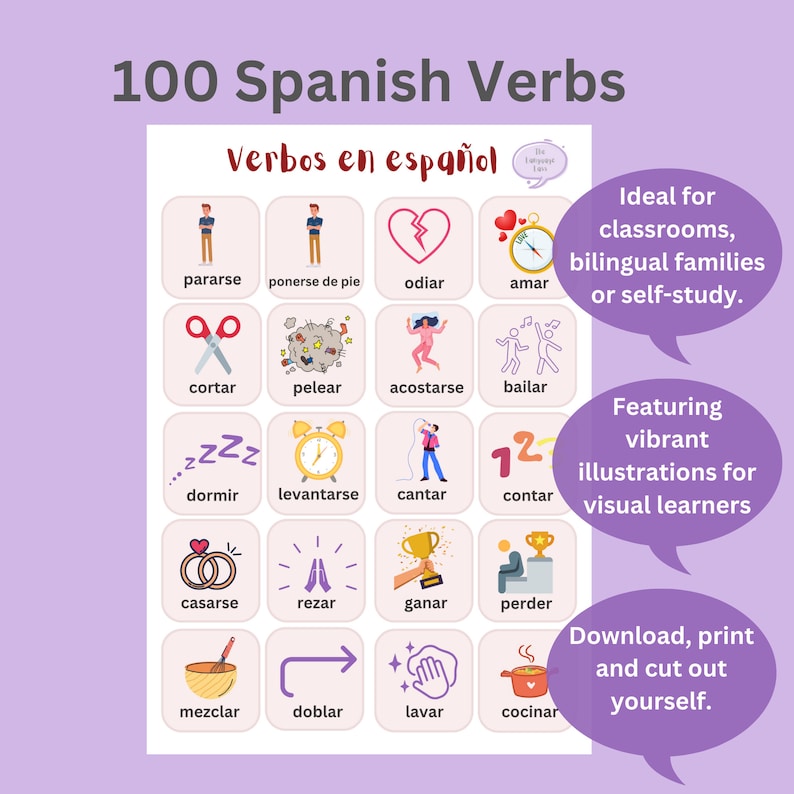 100 Spanish Verbs Flashcards Printable Spanish Vocabulary Learn Spanish ...