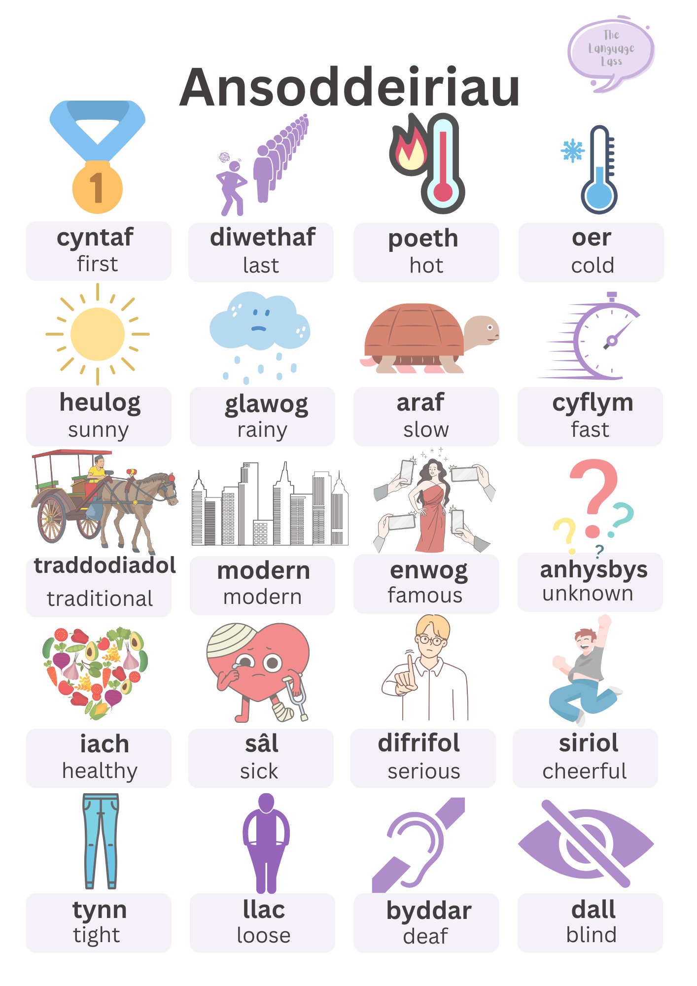 100 Welsh Adjectives Welsh Vocabulary Geirfa Cymraeg - Etsy