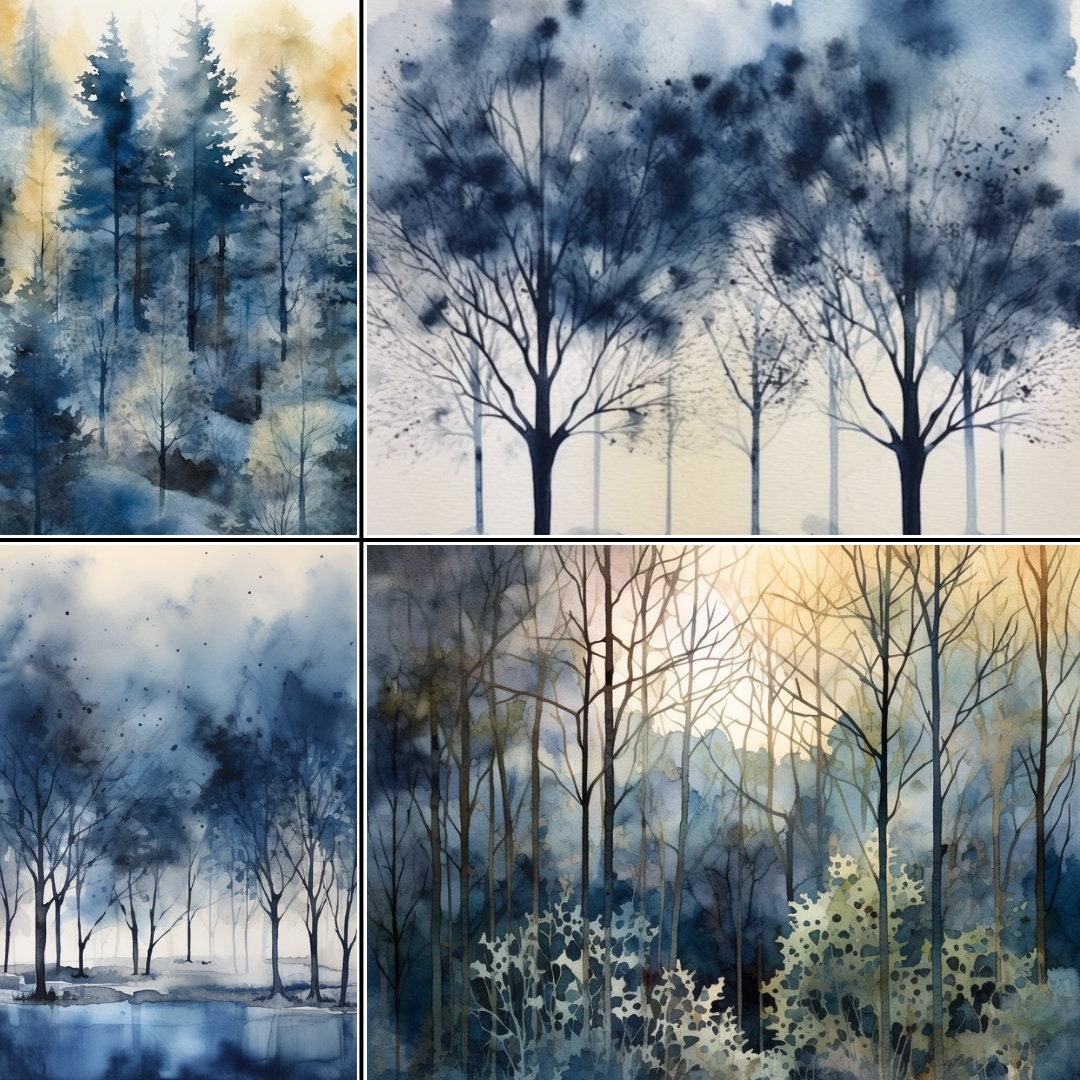 20 High-resolution Watercolor Blue Trees PNG Bundle for Commercial Use ...