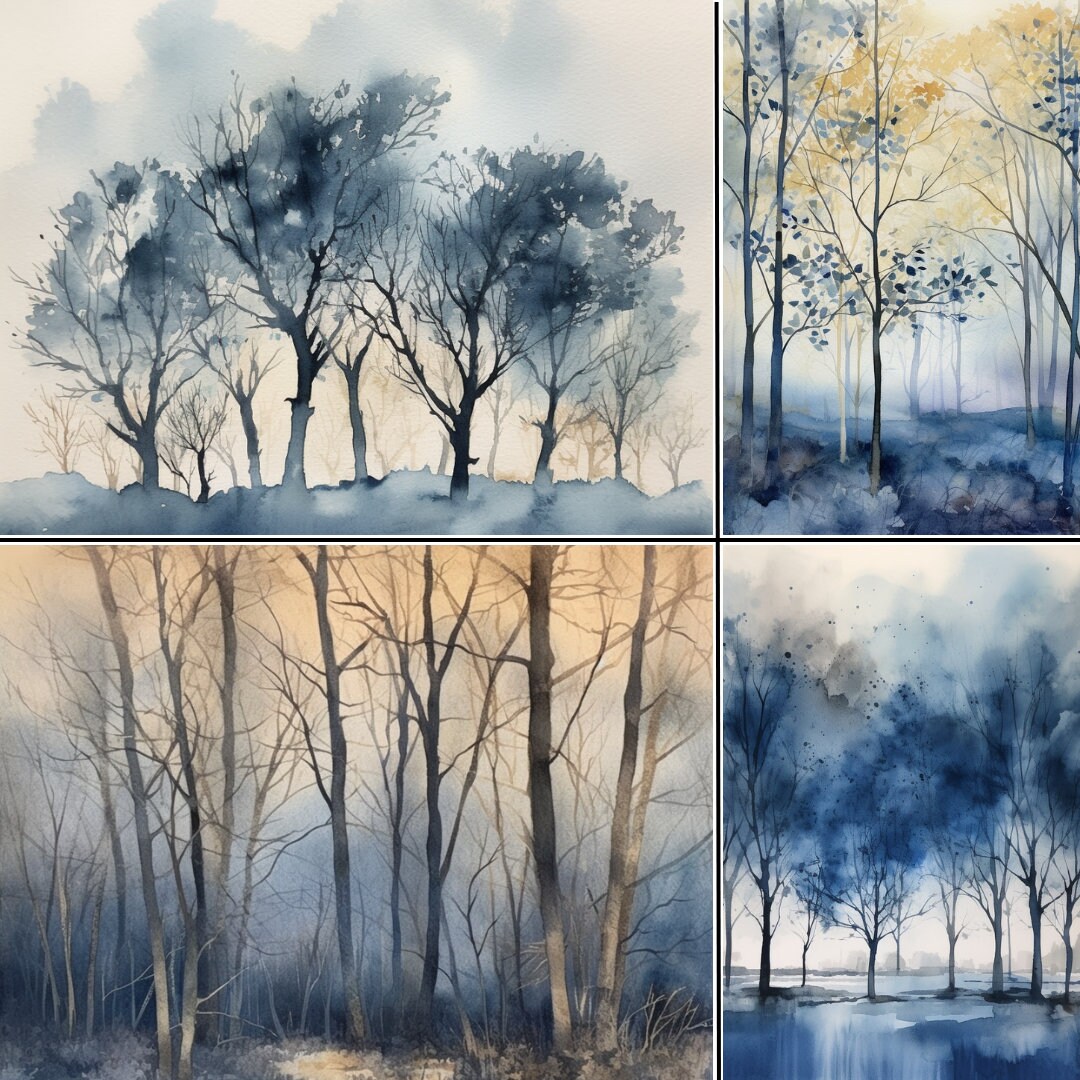 20 High-resolution Watercolor Blue Trees PNG Bundle for Commercial Use ...