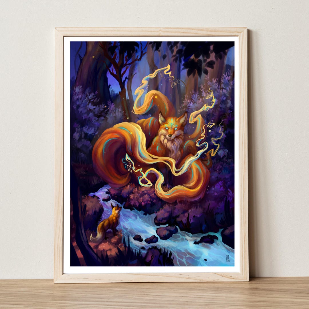 Kitsune Meeting Mythic Japan Fox in Magic Forest Art Print Poster - Etsy