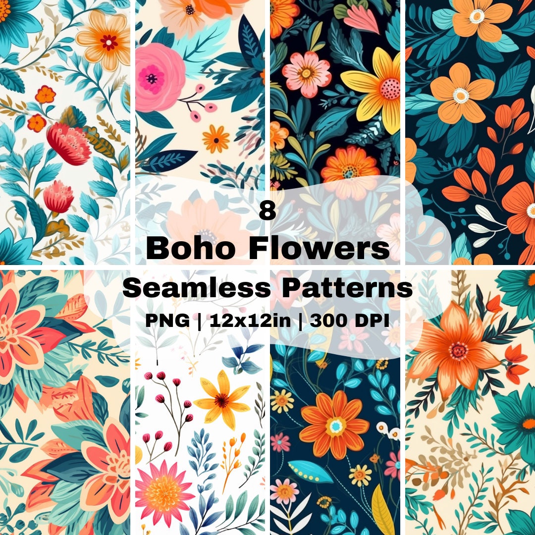 Boho Floral Designs 8 Seamless Patterns Digital Download Commercial Use ...