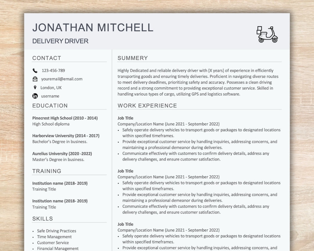 Delivery Driver Resume Template, Google Docs, Microsoft Word, Apple ...
