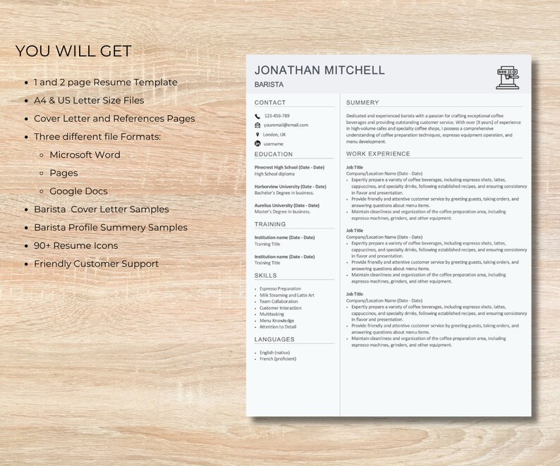 Barista Resume Template, Google Docs, Microsoft Word, Apple Pages, CV ...