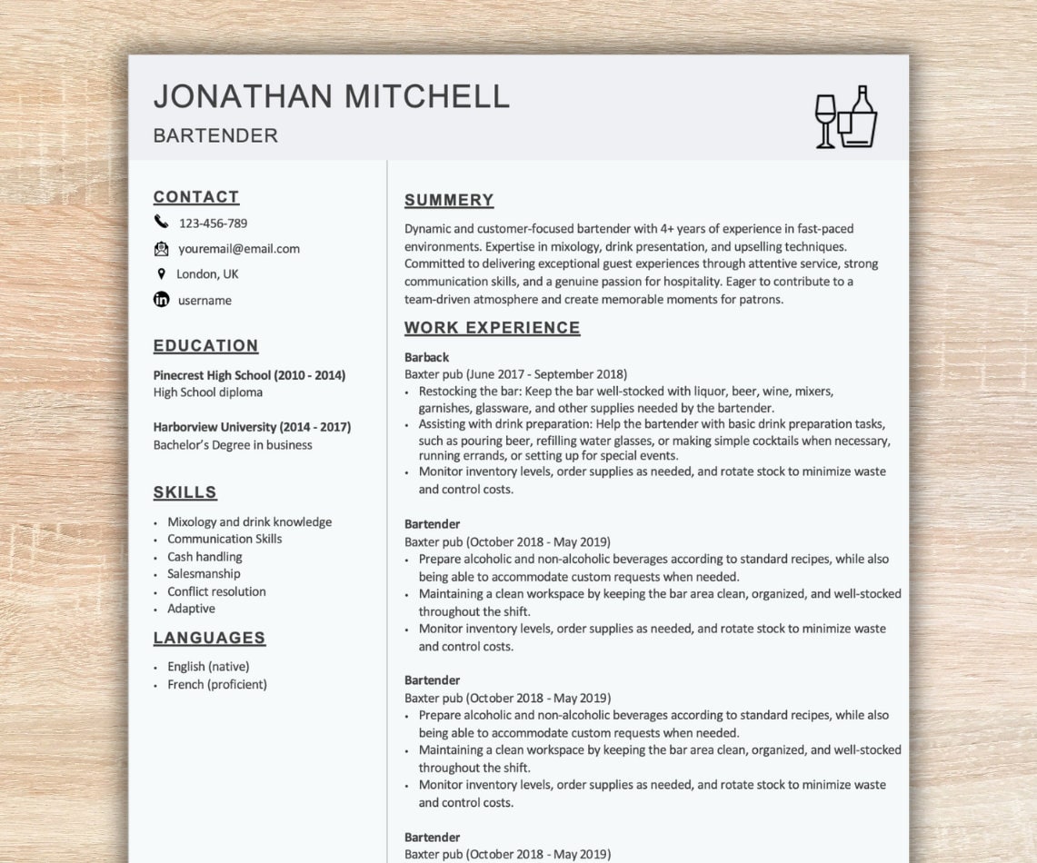 Bartender Resume Template, Google Docs, Microsoft Word, Apple Pages, CV ...