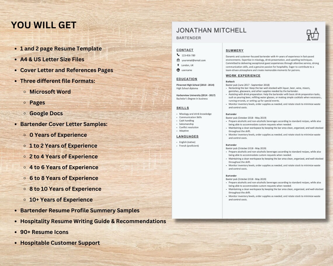 Bartender Resume Template, Google Docs, Microsoft Word, Apple Pages, CV ...