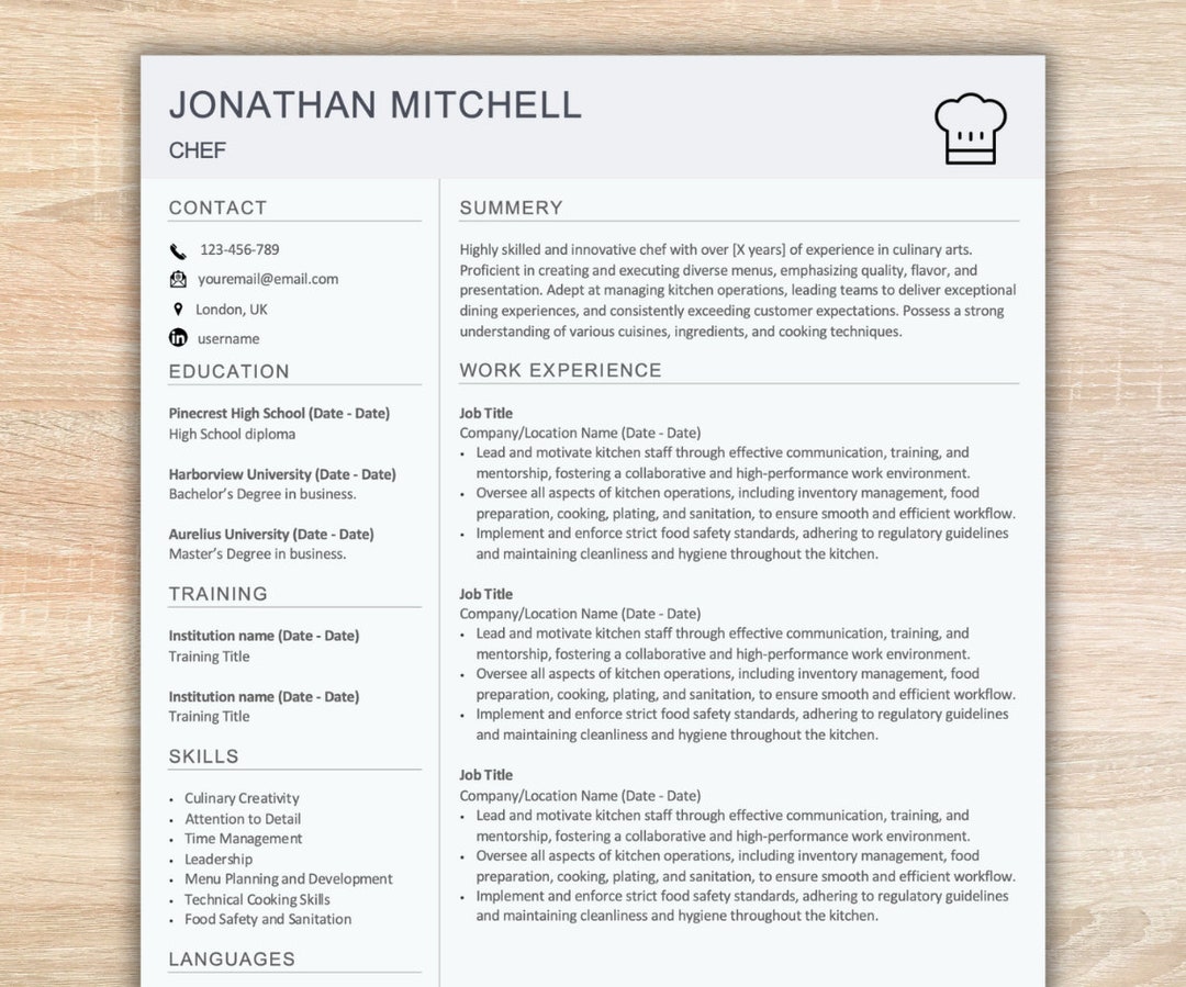 Chef Resume Template, Google Docs, Microsoft Word, Apple Pages, CV ...
