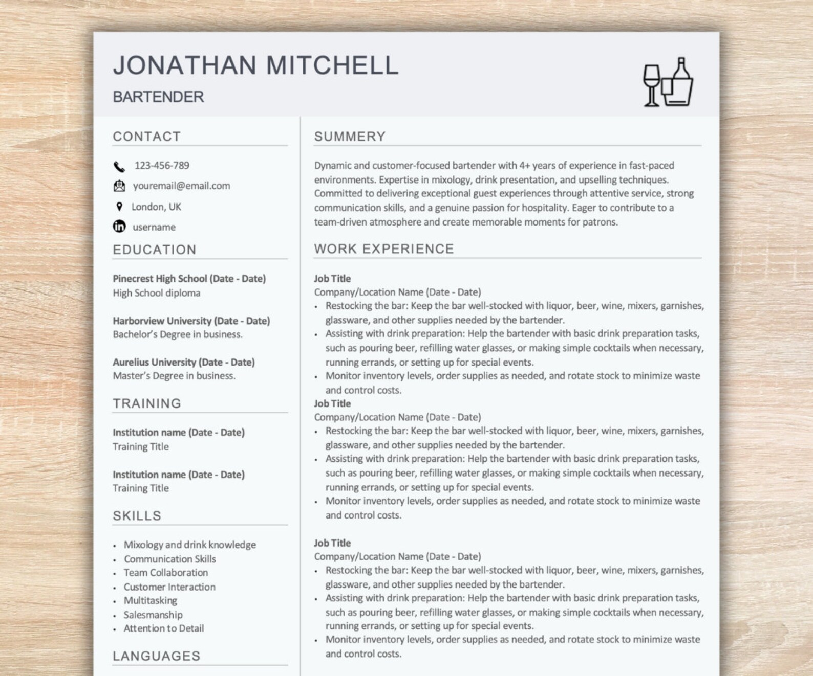 Bartender Resume Template, Google Docs, Microsoft Word, Apple Pages, CV ...