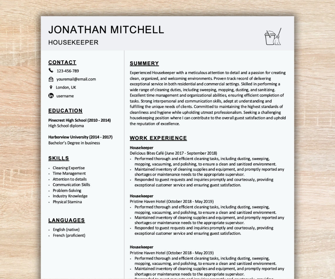 Housekeeper Resume Template, Housekeeper CV Template, Word, Google Docs ...