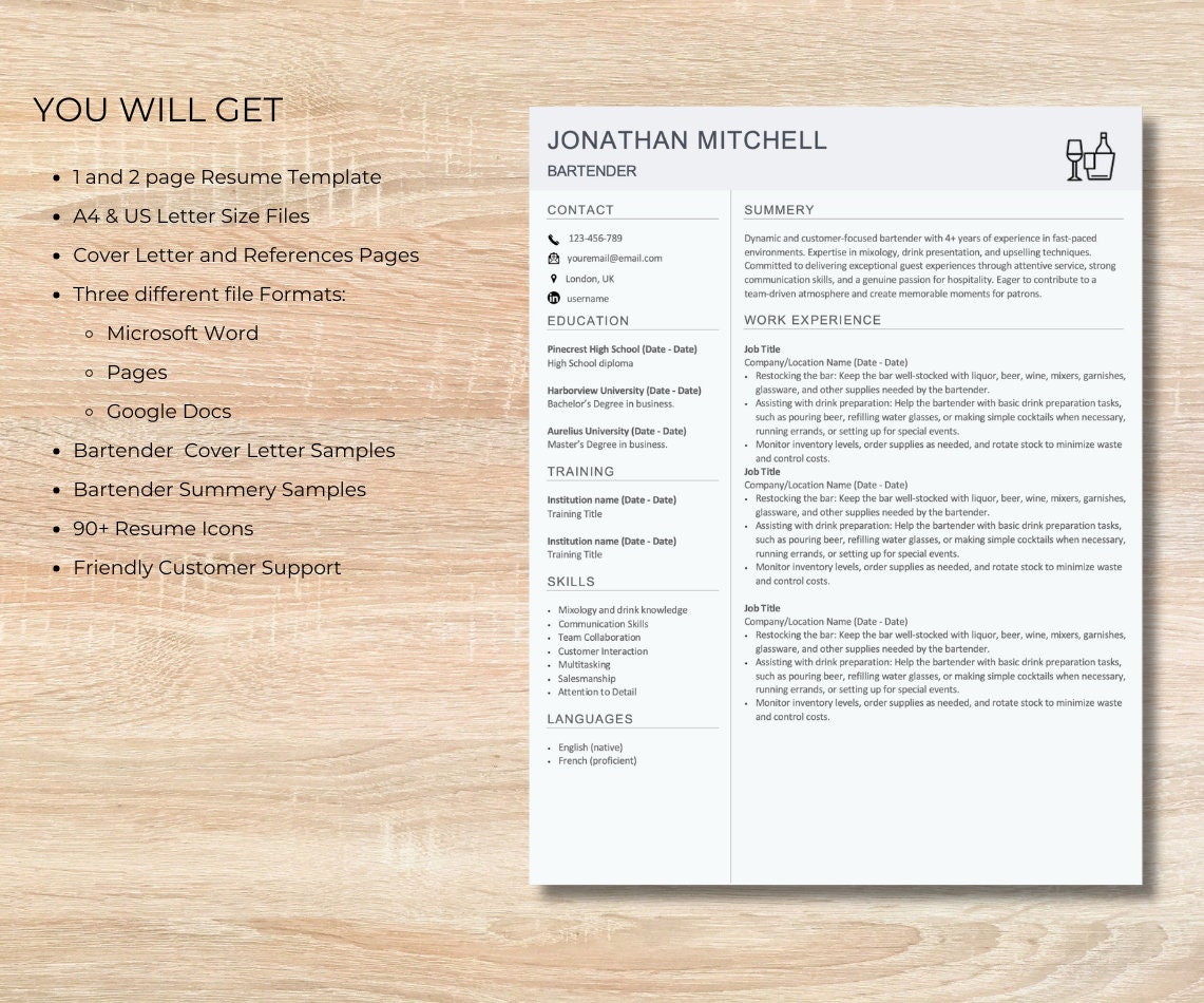 Bartender Resume Template, Google Docs, Microsoft Word, Apple Pages, CV ...