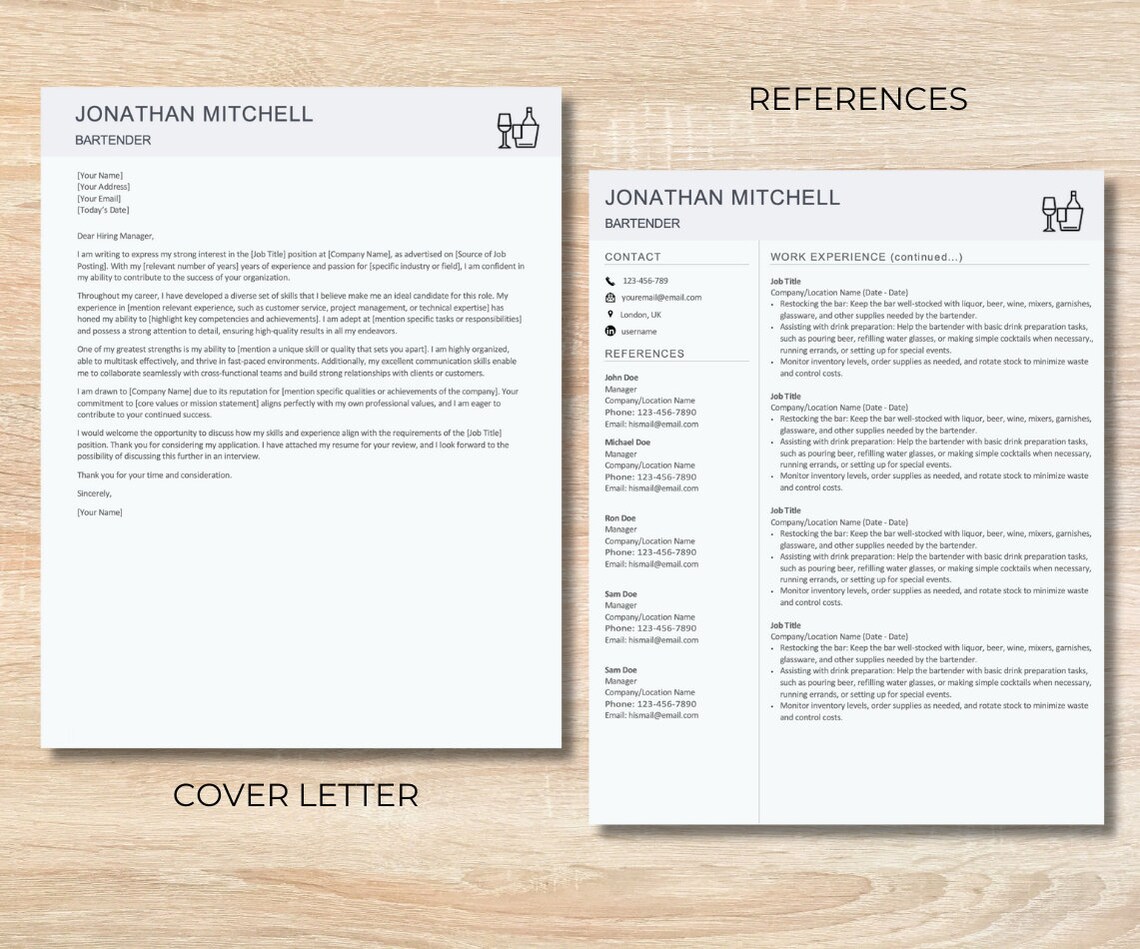 Bartender Resume Template, Google Docs, Microsoft Word, Apple Pages, CV ...