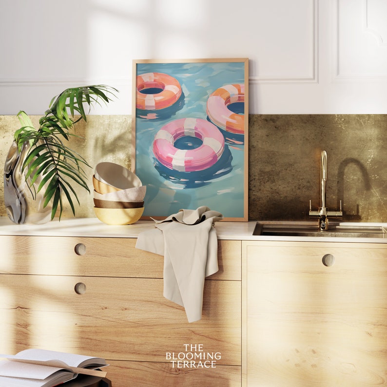 Pink and Orange Inner Tube Painting, Abstract Coastal Pastel Wall Art ...