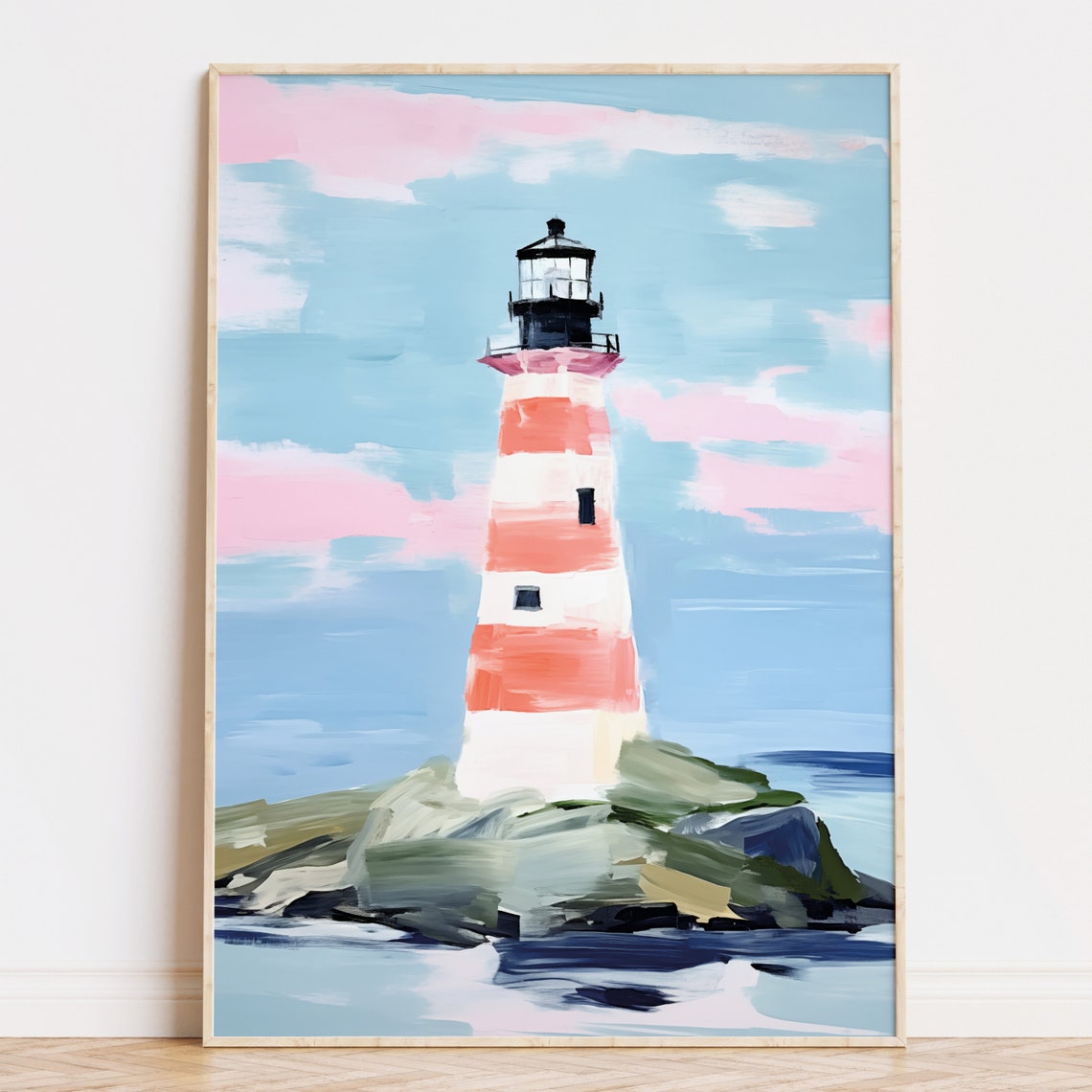 Vibrant Pastel Lighthouse Painting, Abstract Coastal Pastel Wall Art ...