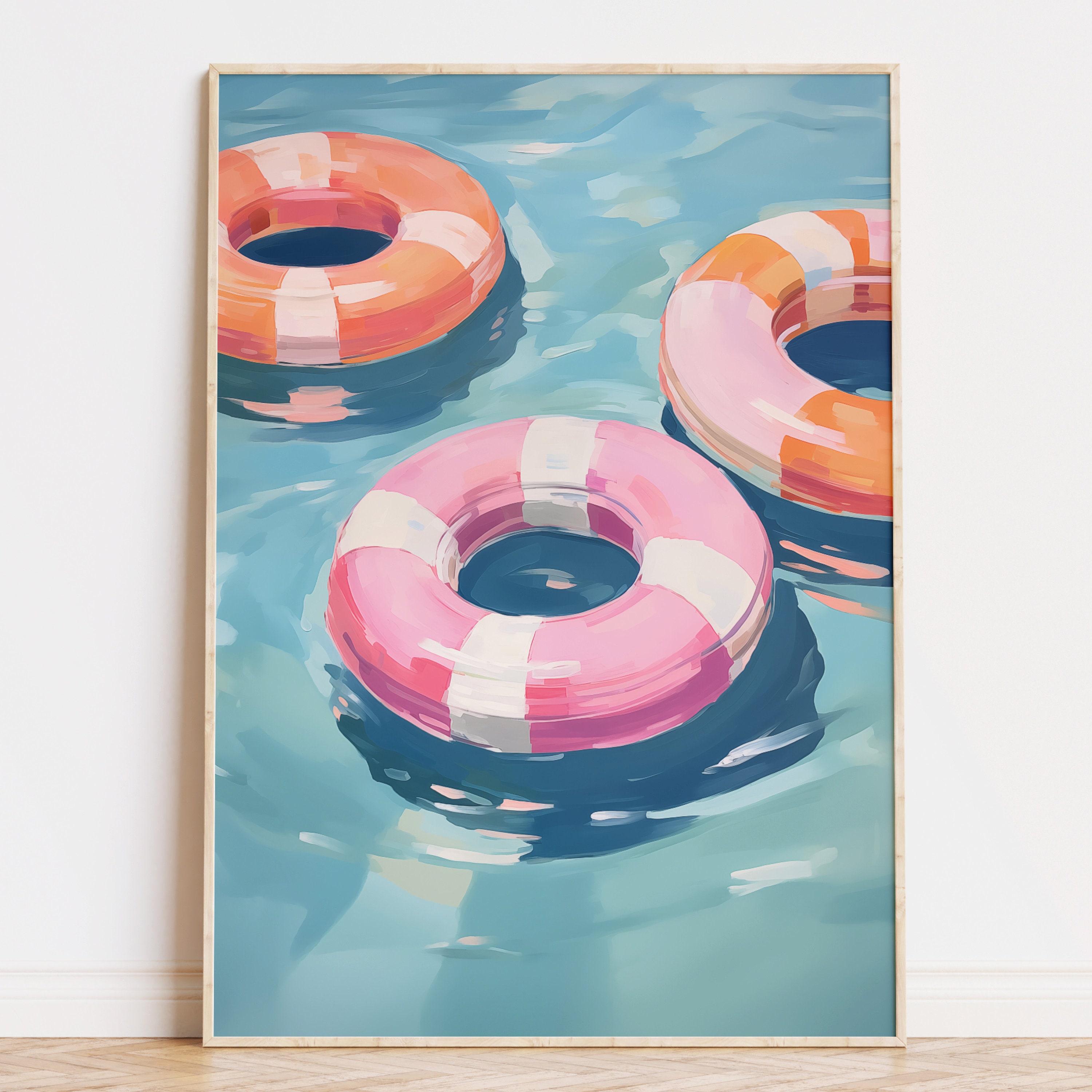 Pink and Orange Inner Tube Painting, Abstract Coastal Pastel Wall Art ...