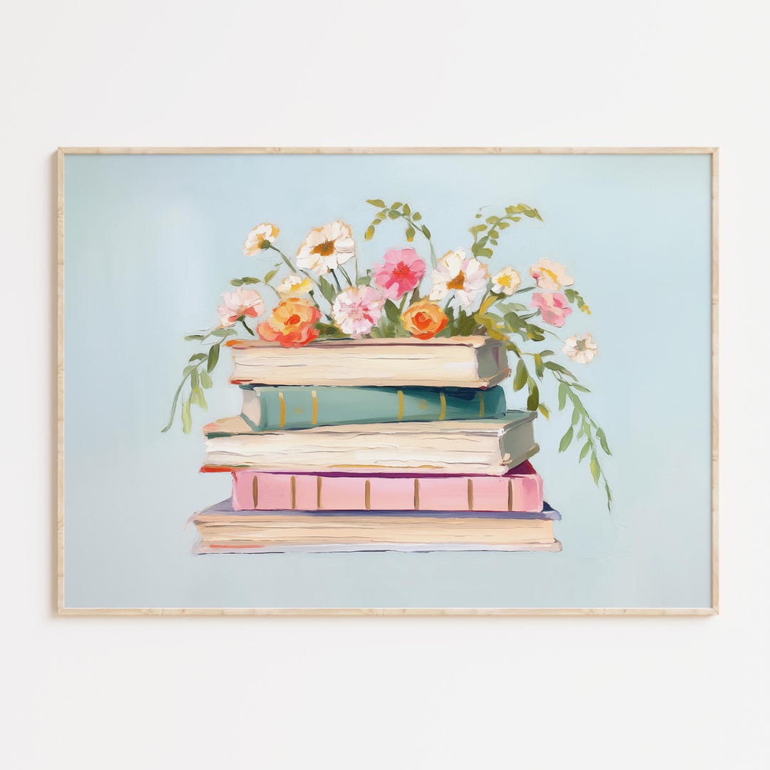 Floral Stack of Books Art Print, Digital Download, Country House Style ...