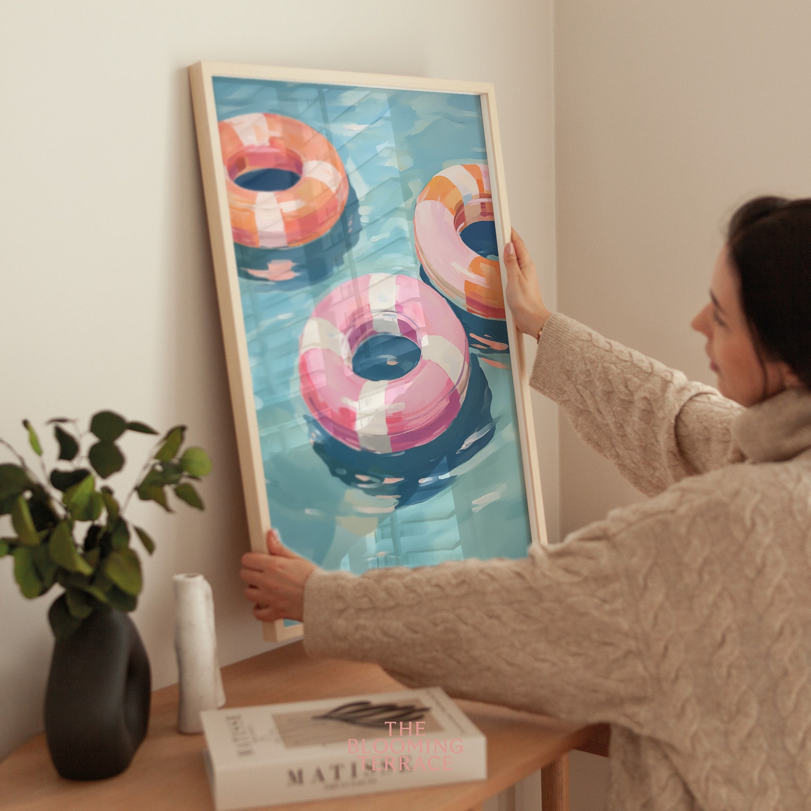 Pink and Orange Inner Tube Painting, Abstract Coastal Pastel Wall Art ...