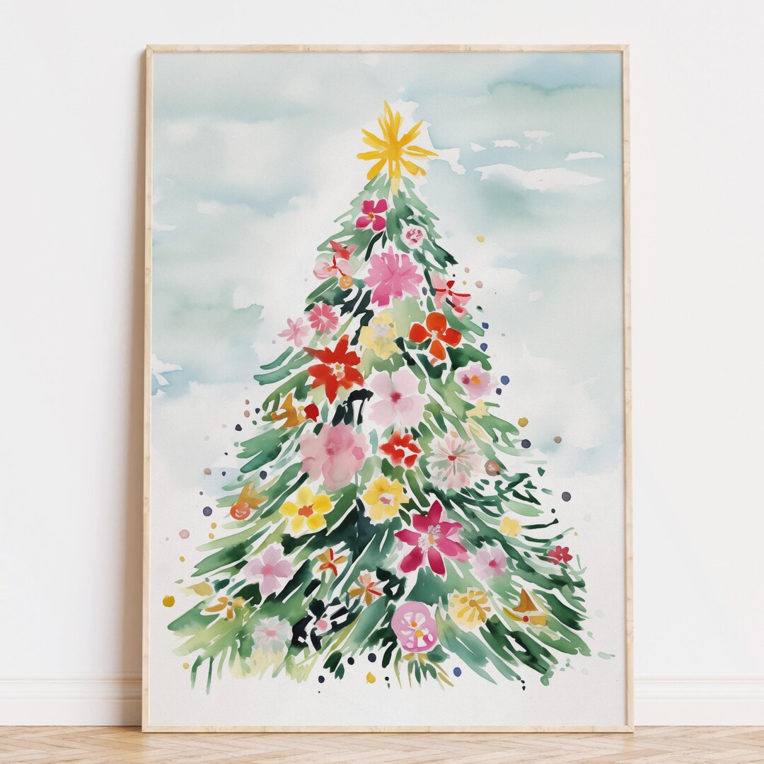 Watercolor Flower Christmas Tree Art Print, Digital Download, Pastel ...