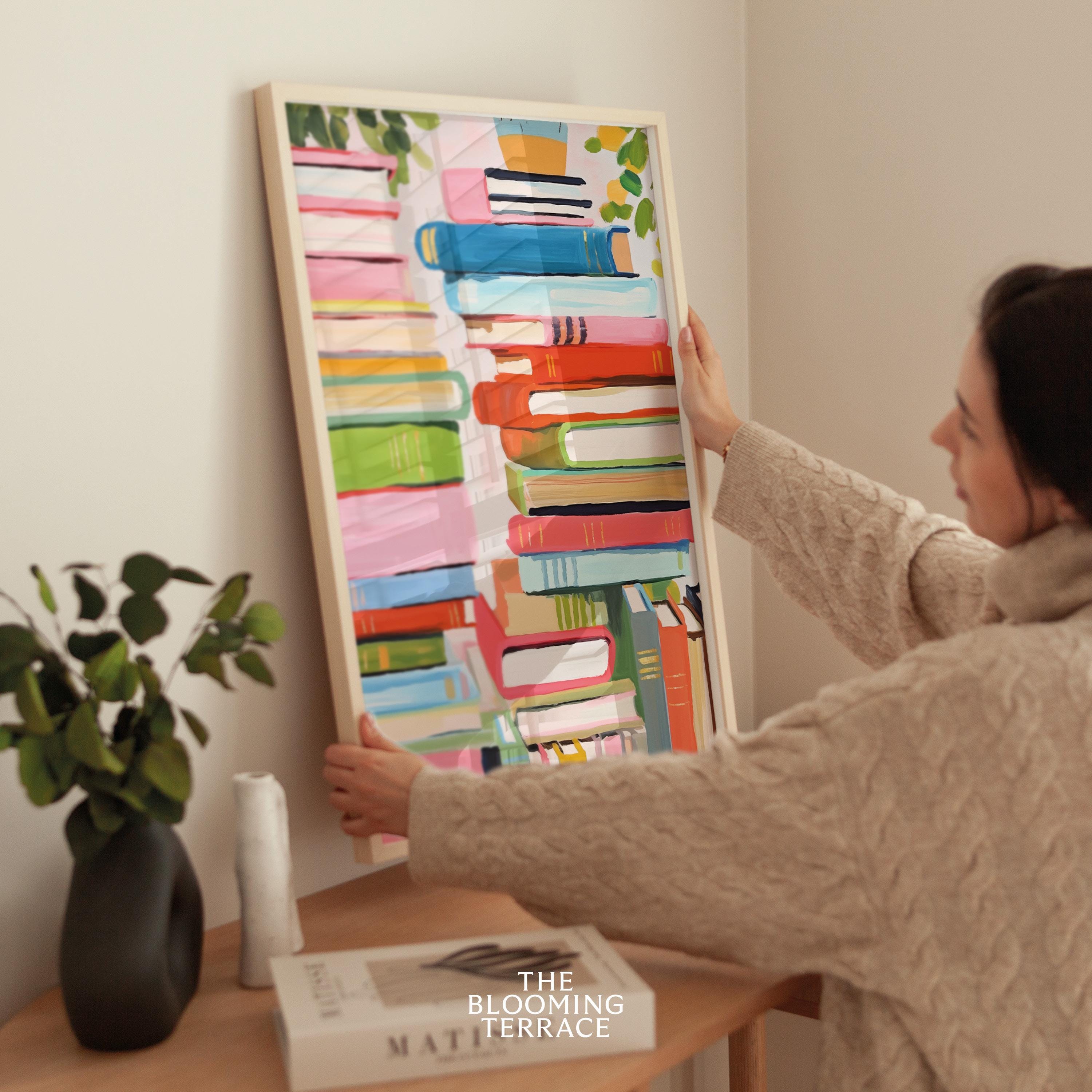 Cute Stack of Books Art Print, Digital Download, Dorm Room Poster, Cozy ...
