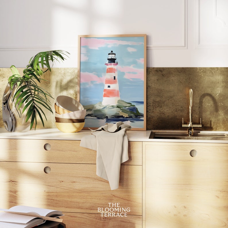 Vibrant Pastel Lighthouse Painting, Abstract Coastal Pastel Wall Art ...