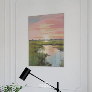 Marsh Sunset Landscape Painting, Pastel Swamp Coastal Wall Print ...