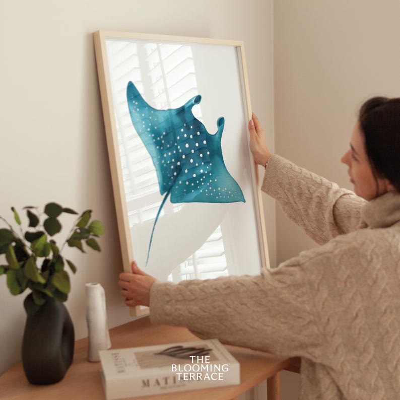 Spotted Manta Ray Watercolor Print, Coastal Ocean Wall Art, Sea Life ...