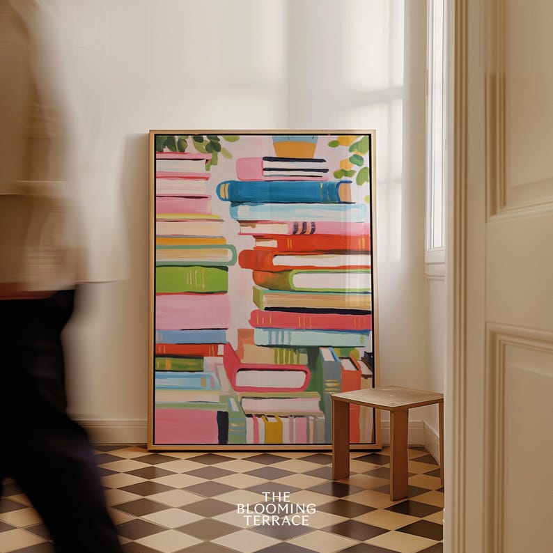 Cute Stack of Books Art Print, Digital Download, Dorm Room Poster, Cozy ...
