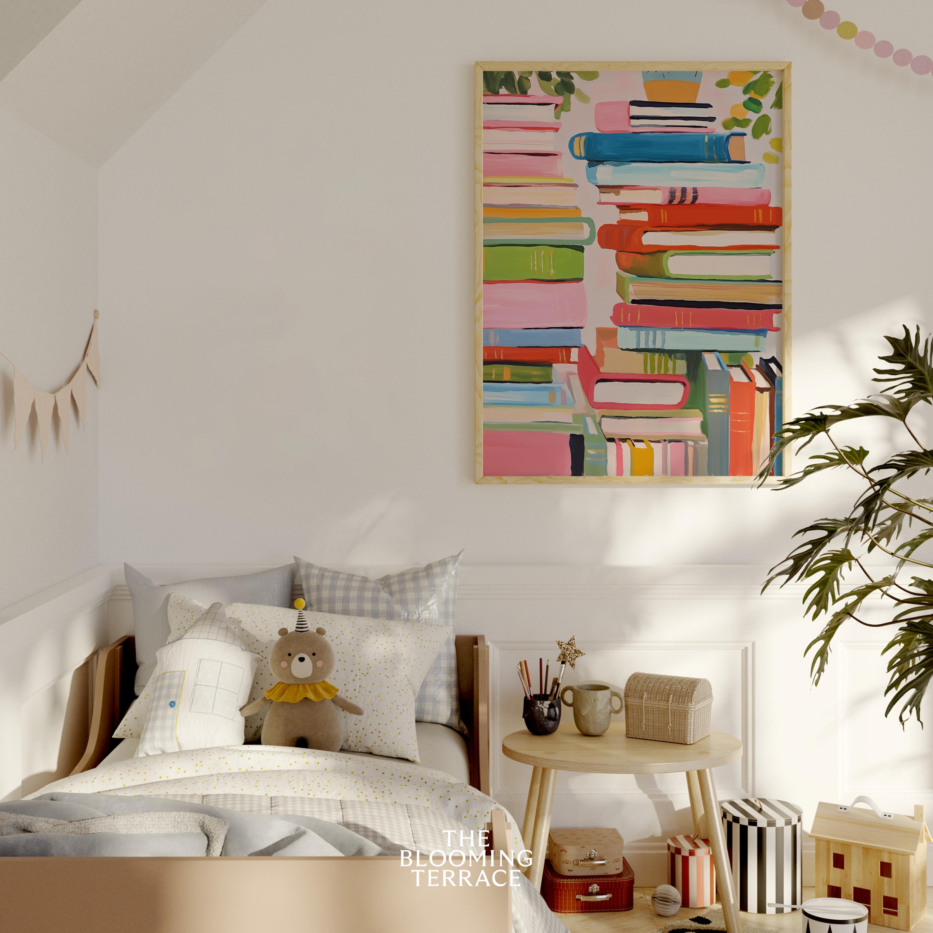 Cute Stack of Books Art Print, Digital Download, Dorm Room Poster, Cozy ...