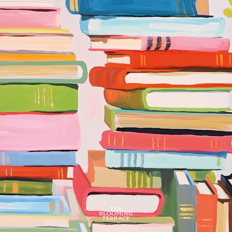 Cute Stack of Books Art Print, Digital Download, Dorm Room Poster, Cozy ...