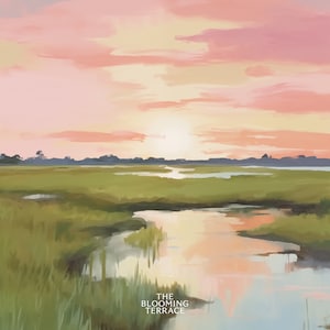 Marsh Sunset Landscape Painting, Pastel Swamp Coastal Wall Print ...