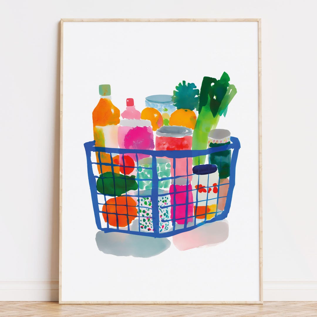 Colorful Grocery Basket Art, Pantry Decor Print, Food Lovers Gift ...