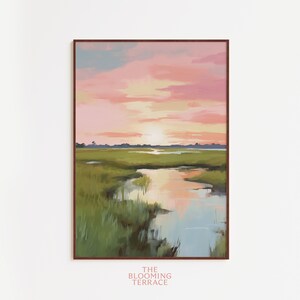 Marsh Sunset Landscape Painting, Pastel Swamp Coastal Wall Print ...