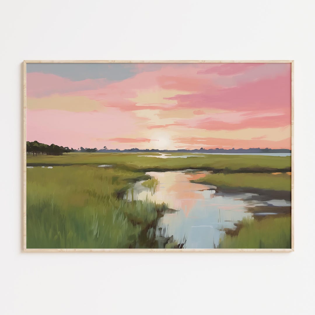Marsh Sunset Landscape Painting, Pastel Swamp Coastal Wall Print ...