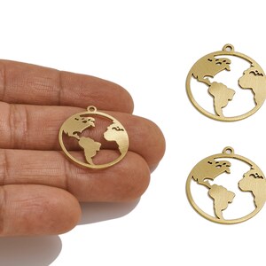 18K Gold World Map Earring Charm, Map in Round Earring, Raw Brass ...