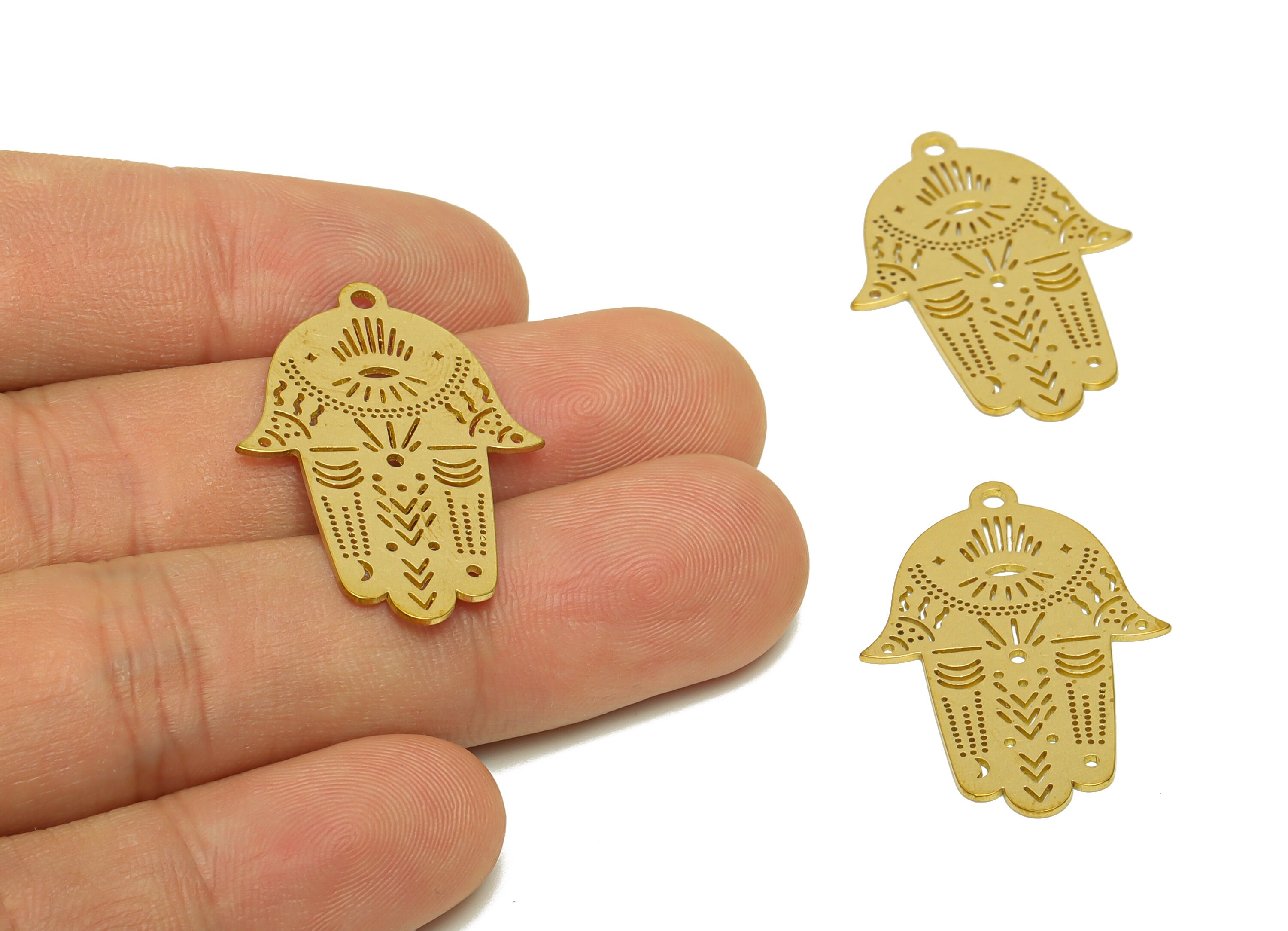 Celestial Hamsa Laser Cut Charms, Raw Moon Eyelash Charm, Brass Hamsa ...
