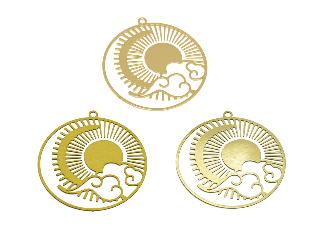2pcs Raw Brass Sunshine Earring Charm, Round Celestial Charm, Crescent ...