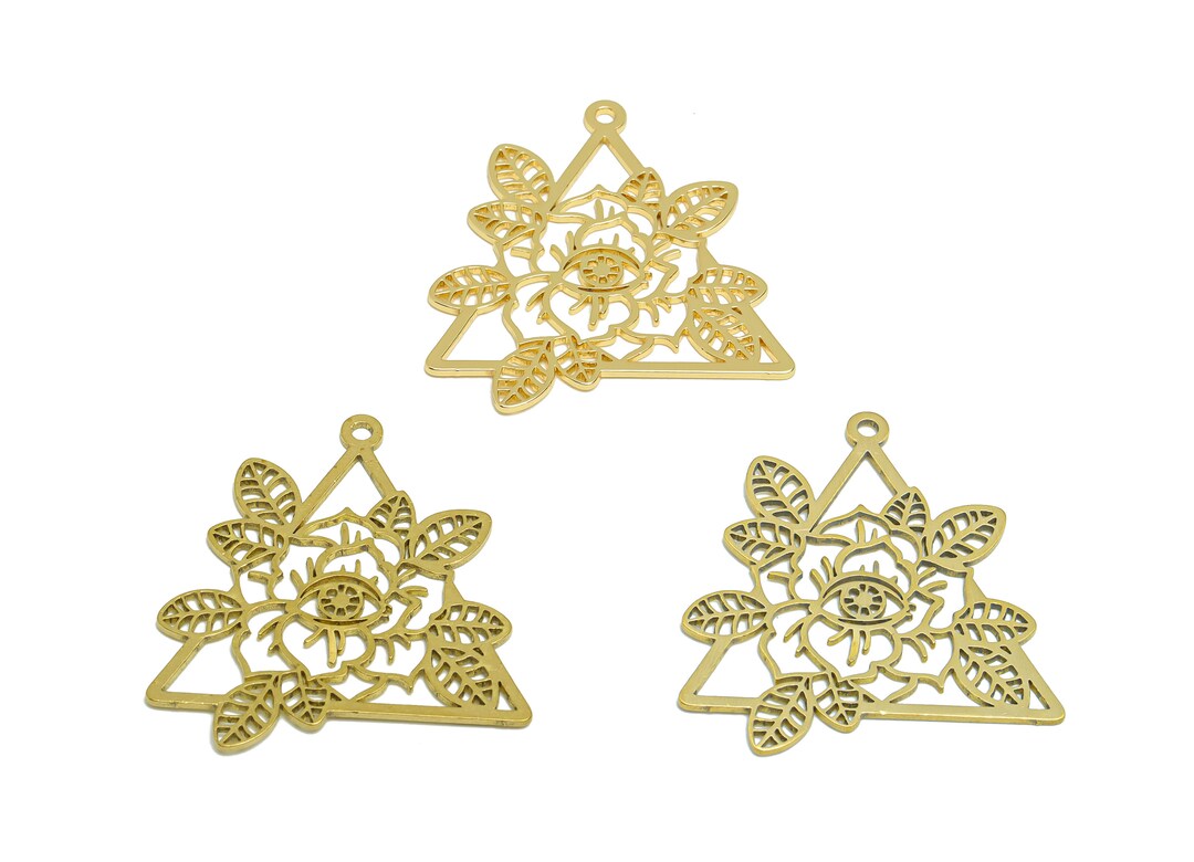 2pcs Raw Brass Triangle Peony Eye Charm, Hollow Flower Leaf Eye Earring ...