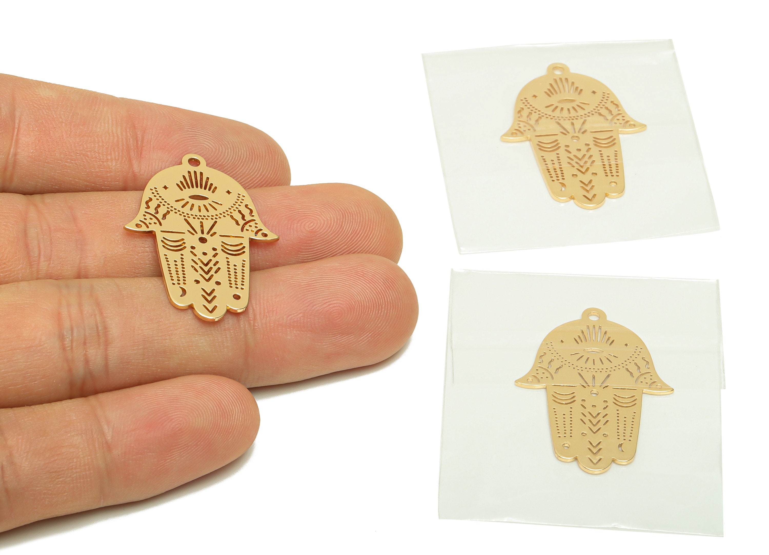 Celestial Hamsa Laser Cut Charms, Raw Moon Eyelash Charm, Brass Hamsa ...