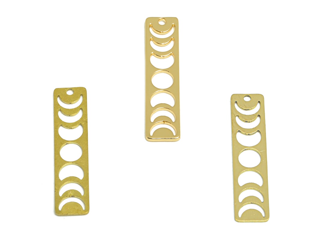 18K Gold Crescents Bar Earring Charm, Rectangle Phases of the Moon ...